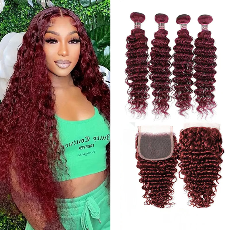 Red Bundles #99j Deep Wave 4 Bundles With 4x4 Lace Closure Human Hair ...