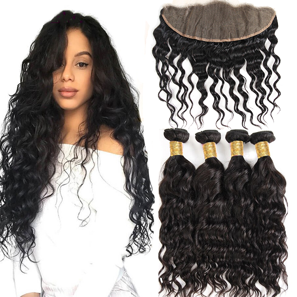 Natural Wave 4 Bundles With 13x4 Lace Frontal 100% Virgin Human Hair B ...