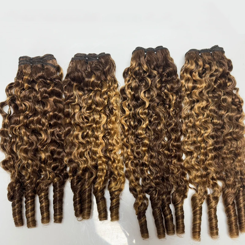 Highlight P4/27 Colored Burmese Curly 4 Bundles Pixie Curls Human Hair ...