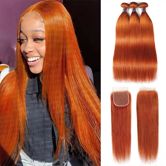 #350 Ginger Straight 3 Bundles With 4X4 Lace Closure Brazilian Human H ...