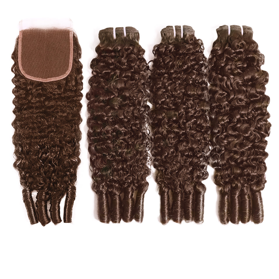 #4 Brown Colored Burmese Curly 3 Bundles With 4x4 Transparent Lace Fro ...