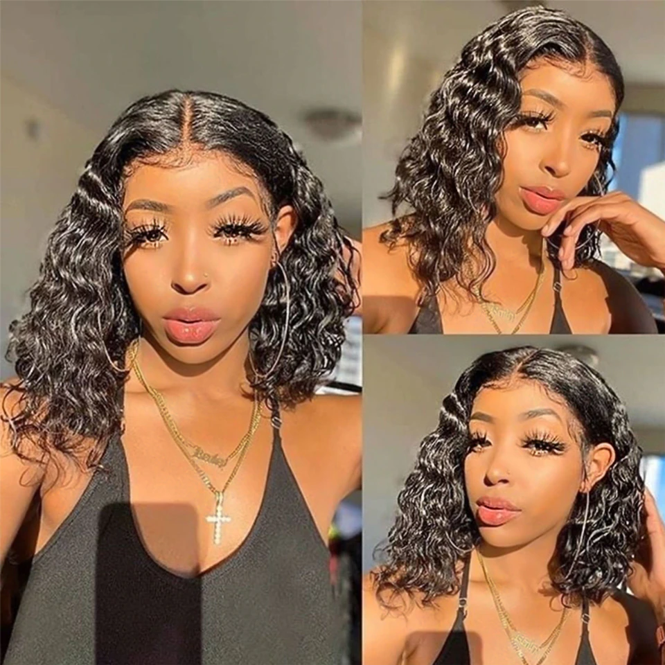 Deep Wave Short Bob Guleless Wig Lace Frontal Human Hair 180% Density ...