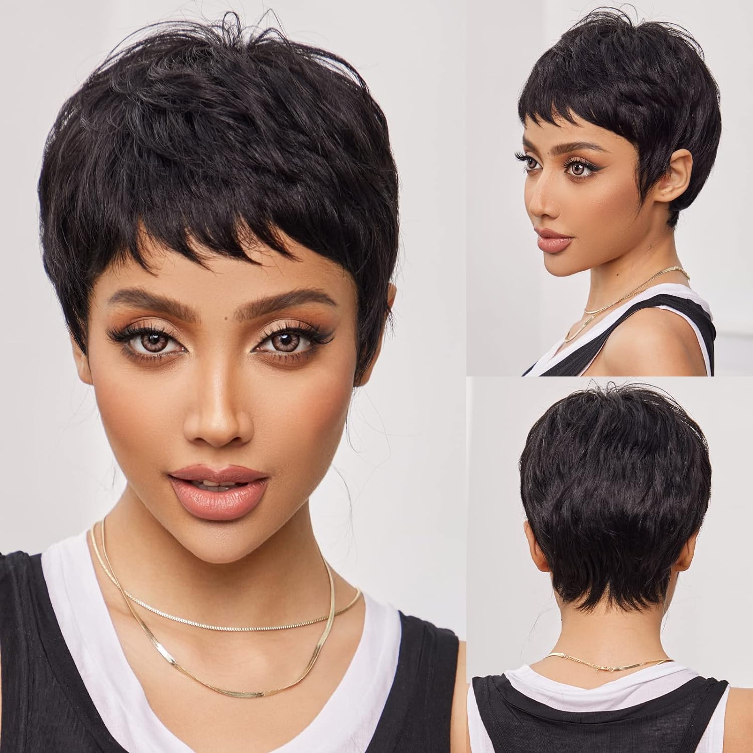 New Pixie Cut #1B #99J #27 Human Hair Wig with Bangs Black Short Strai ...