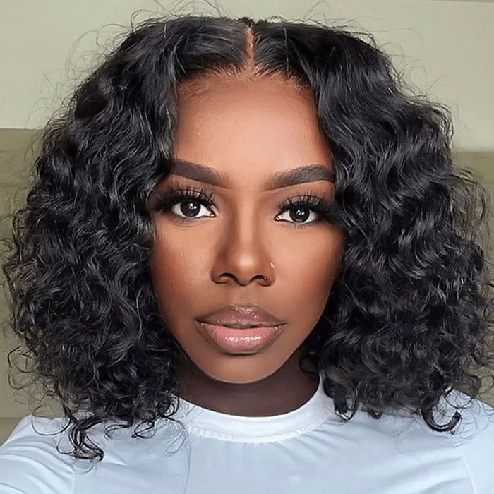 Natural Black Deep Wave Short Bob Wig 13x4 HD Lace Closure Wig Pre-plu ...