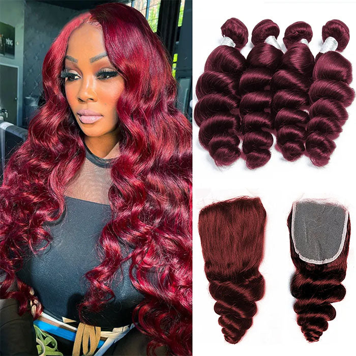 Red Bundles #99j Loose Wave 4 Bundles With 4X4 Lace Human Hair ...