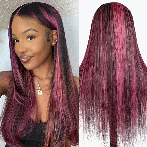 Skunk Stripe Highlight Pink Straight Hair 13X4 Lace Front Human Hair W ...