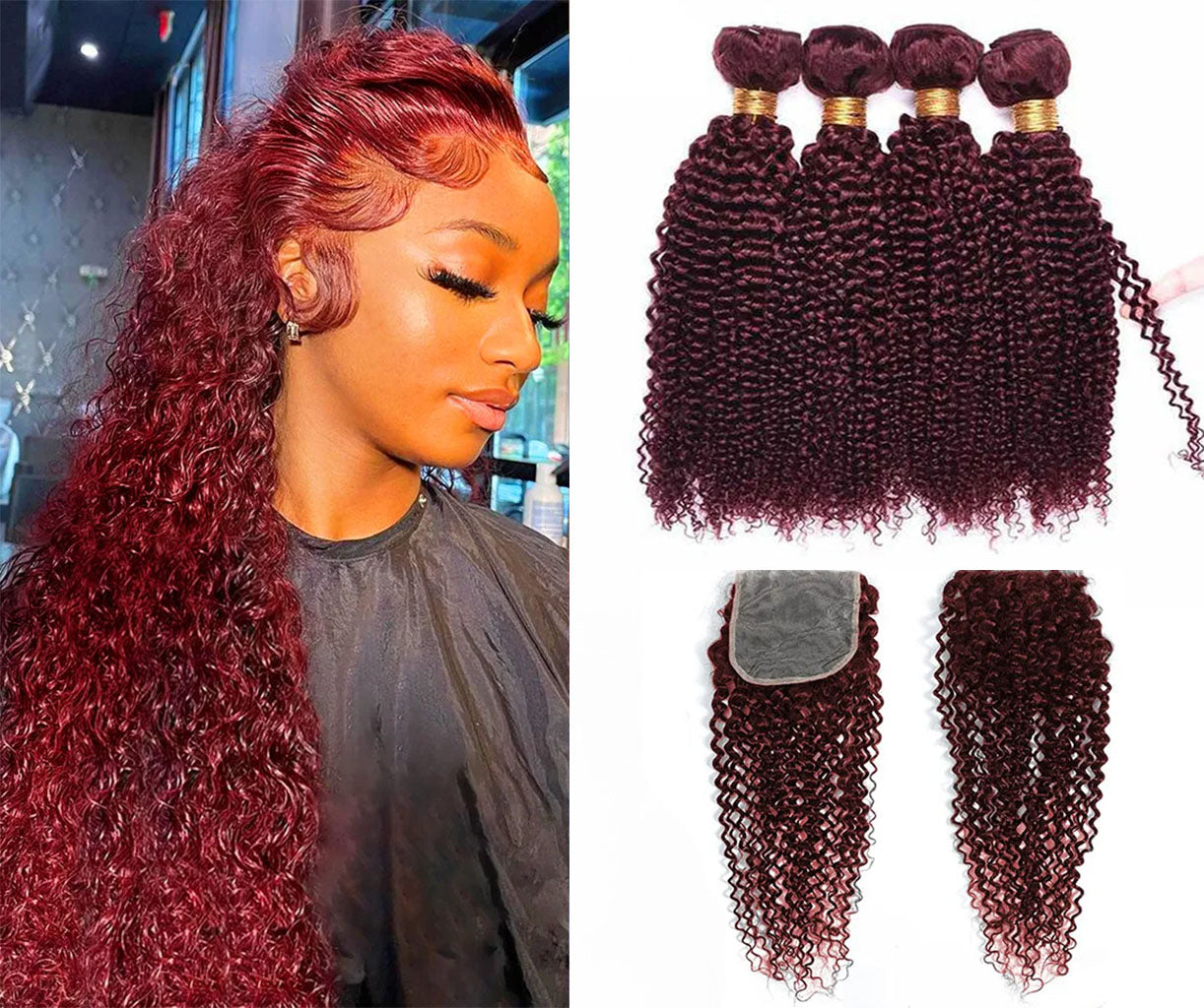 Red Bundles #99j Kinky Curly 4 Bundles With 4x4 Lace Closure Human Hai ...