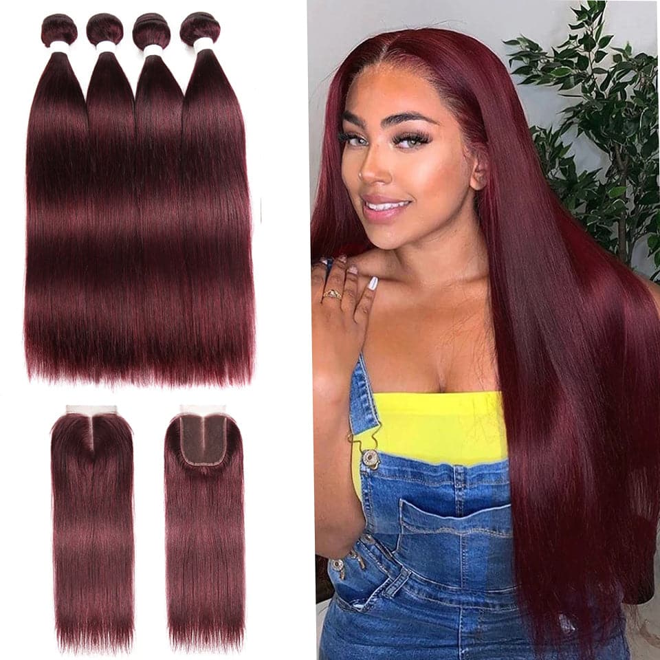 lumiere Red Bundles color 99j Straight Hair 4 Bundles With 4x4 Lace Cl ...