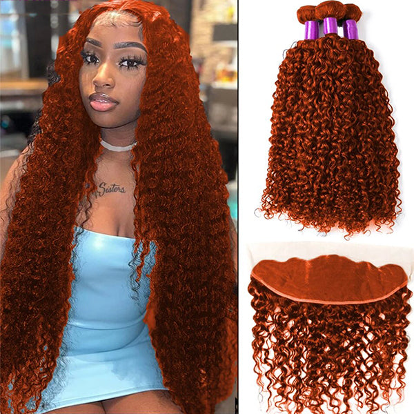 #350 Ginger Kinky Curly 3 Bundles With 13x4 Transparent Lace Frontal ...