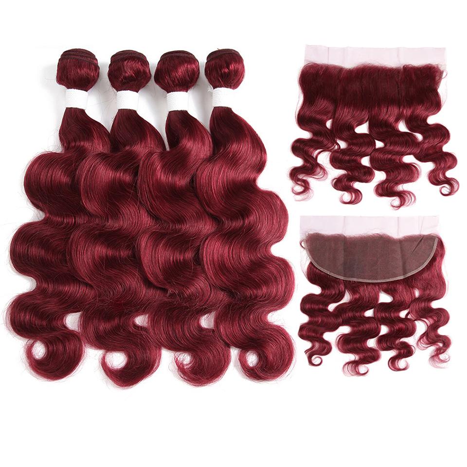 Red Bundles Burg Body Wave 4 Bundles With 13x4 Lace Frontal Pre Colore ...