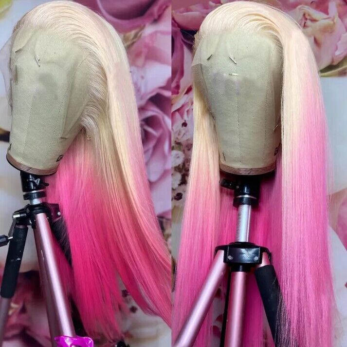 613 Blonde & light pink straight hair lace front human hair Wigs for w ...
