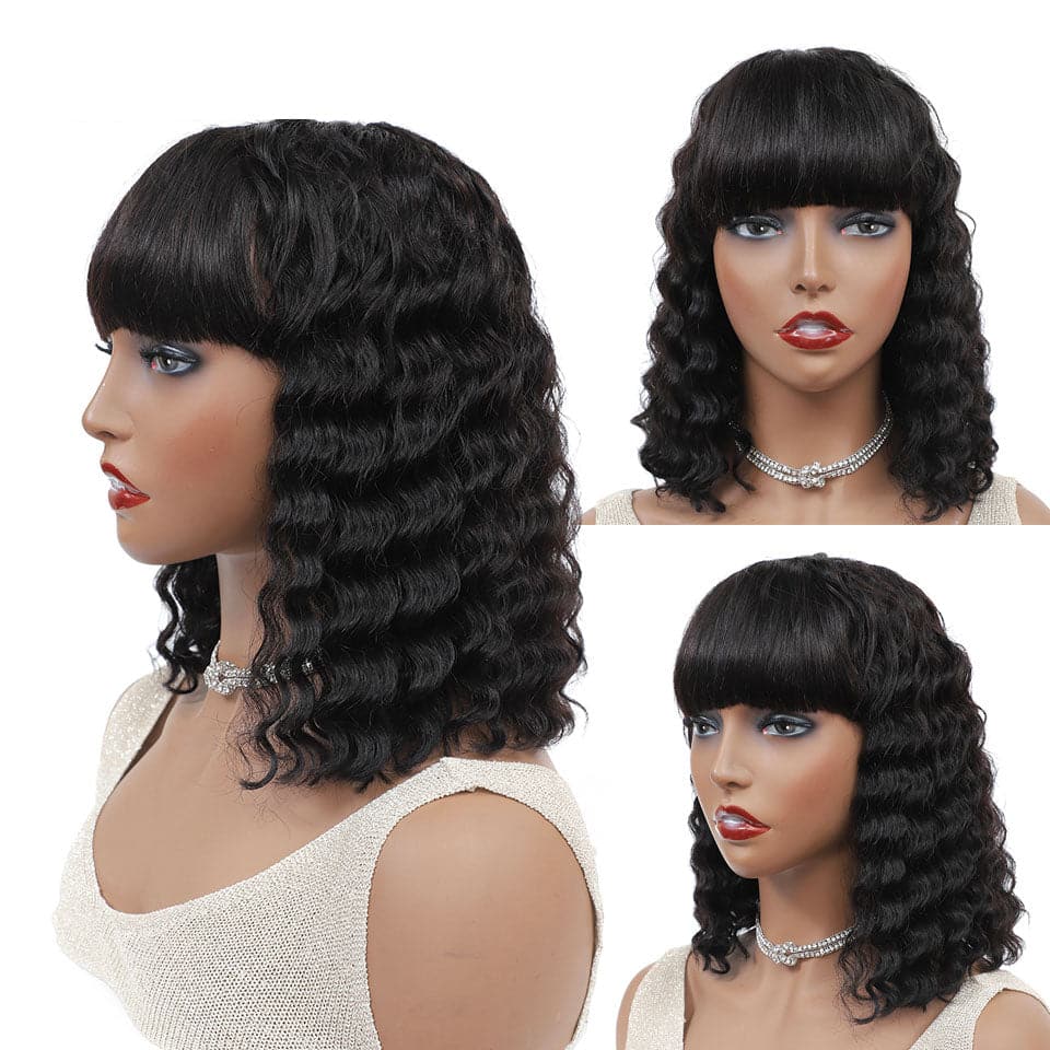 Deep Wave Bob Full Machine Made None Lace Front Wigs With Bangs For ...