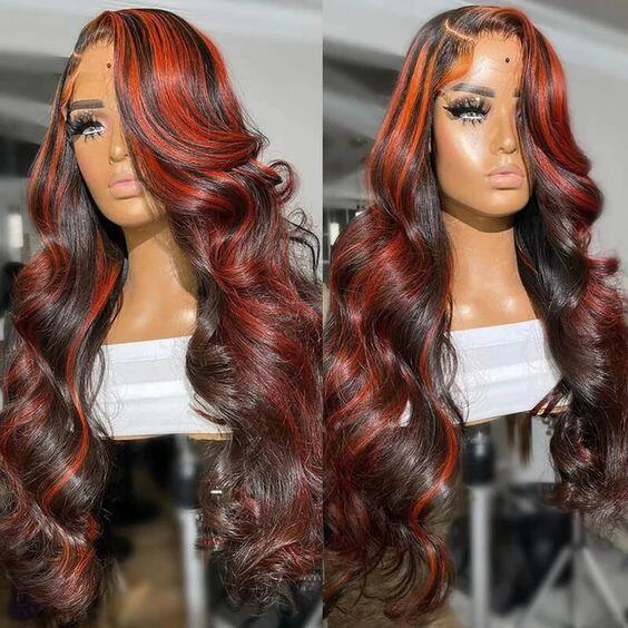 Skunk Stripe 1B/Red Highlight Body Wave 13x4 Lace Frontal Human Hair W ...