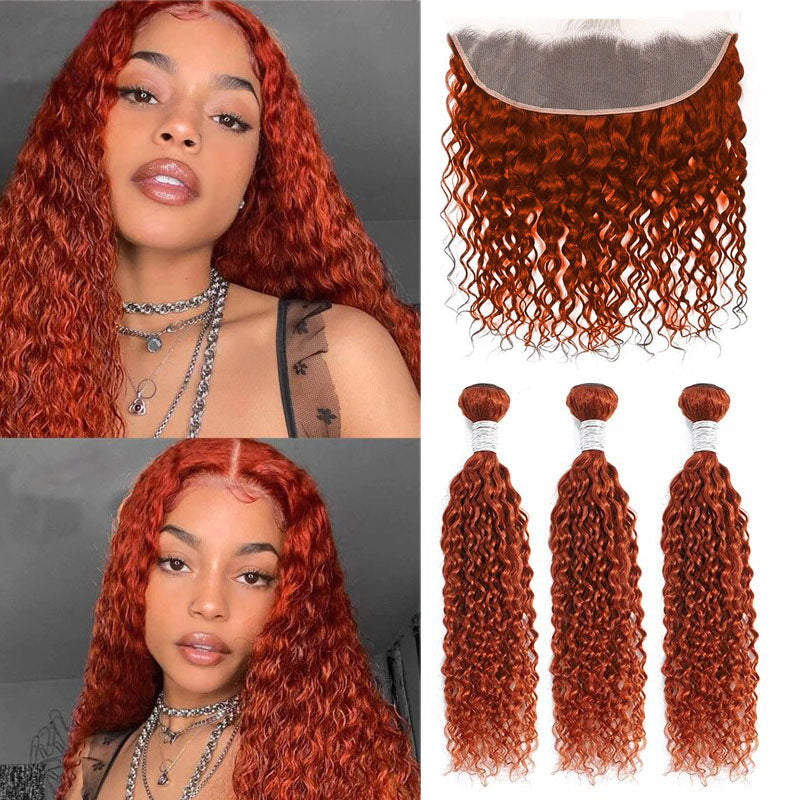 #350 Ginger Orange Water Wave 3 Bundles With 13x4 Transparent Lace Fro ...