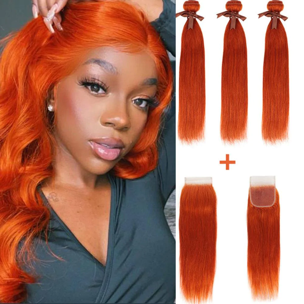 Straight Hair 3 Ginger Bundles with 4x4 HD Lace Closure Human Hair Ext ...